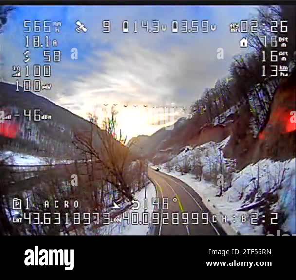 Digital crash effect on the camera from a drone with a view of green ...