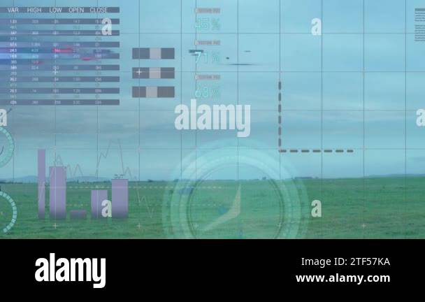 Animation of infographic interface with data, clock over view of lush ...