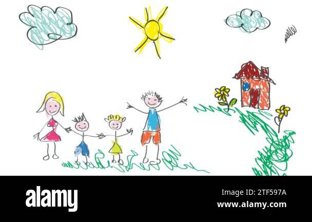 Drawing made by a child, happy family in the countryside, greeting ...