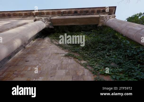 Breathtaking ivy facade of an old castle building. Action. Bottom view ...