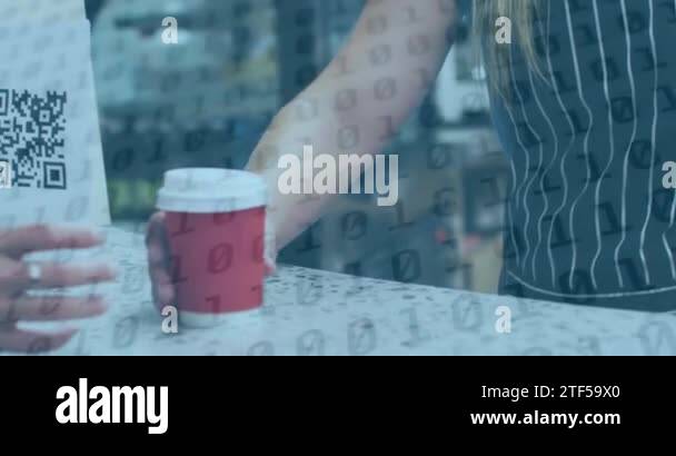 Animation of binary coding over caucasian female worker scanning qr code. social media and ...