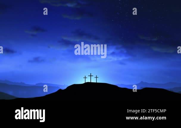 Three crosses on the hill with clouds moving on blue starry sky. Easter ...