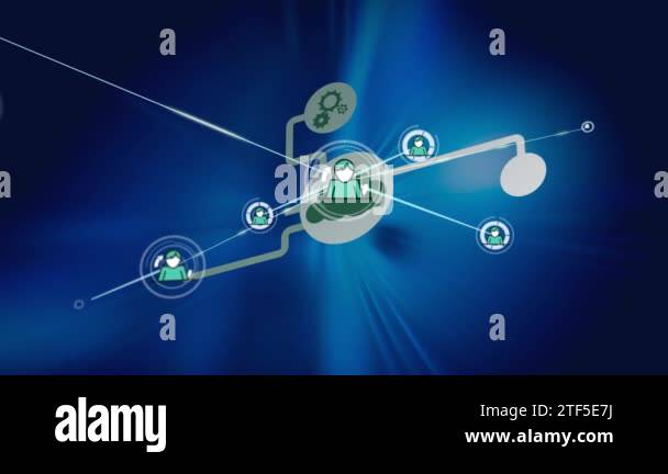 Animation of profile icons connecting with lines, flow chart with computer icons on blue ...