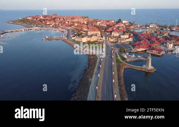 Birds eye view of the small historical town of Nessebar with a small ...