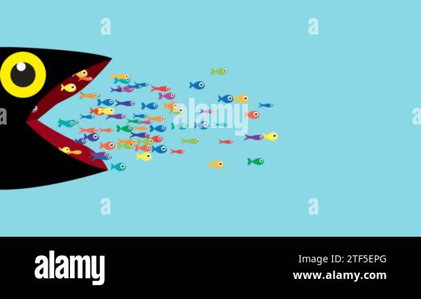 Class action concept. A large fish eats small fish that rebel and ...