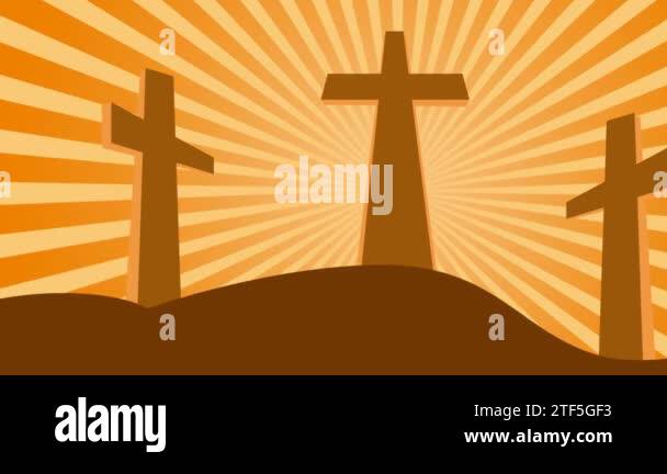 Three christian crosses. Silhouette on hill of Calvary with rays sun in ...