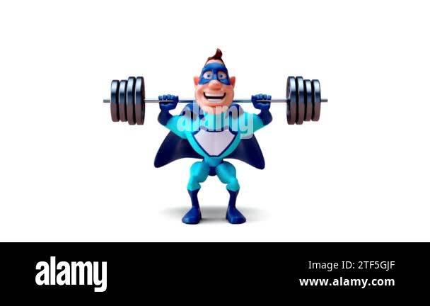 Funny cartoon character superhero doing squats with weights - 3d ...