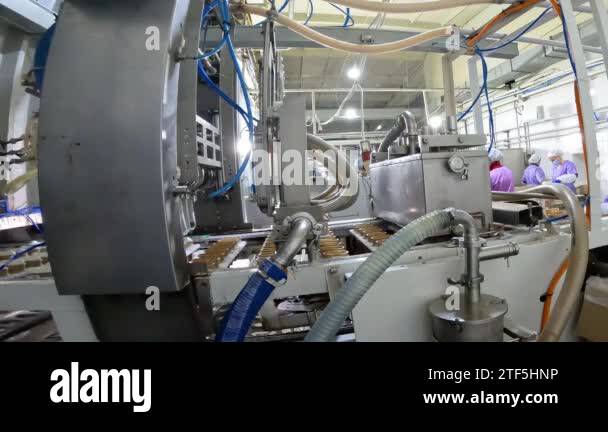 The process of making ice cream. Production of ice cream on an ...