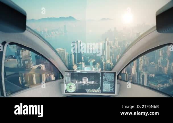 Two autopilot taxi drones flying above big city center at the sunrise ...