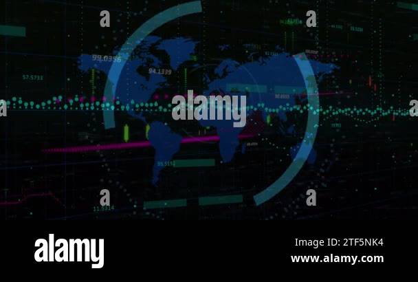 Animation of scope scanning with padlock icon over data processing and world map on black ...