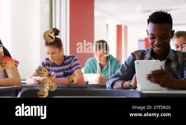 Animation of emoticons over diverse students in class using tablets ...