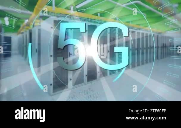 Animation of 5g text and scope scanning over server room. global technology, connections and ...