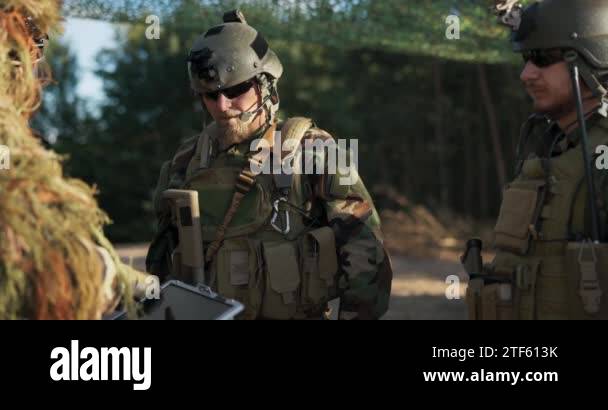 Gathering of soldiers at base group of territorial defense men, setting ...