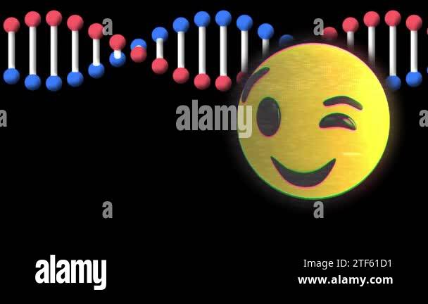 Animation of blinking emoticon over dna chain on black background ...