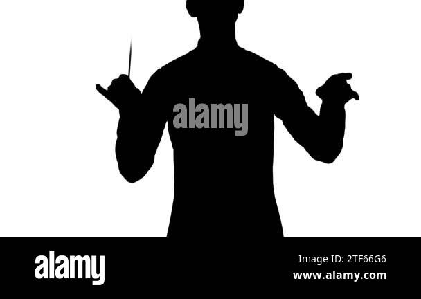 Black silhouette of orchestra conductor waves his baton to directing ...