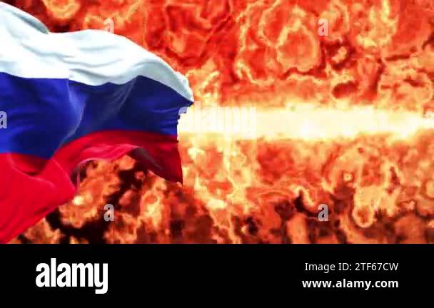 Russia waving flags burning on fire. Symbol of Ukrainian and Russian ...