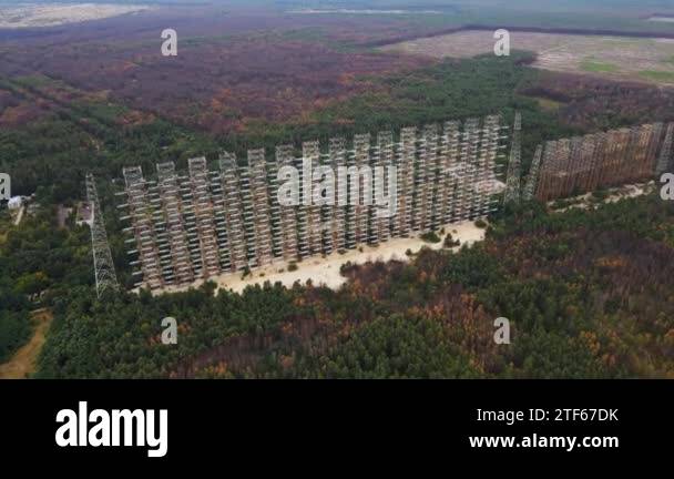 Aerial view of Former remains of Duga radar system in abandoned ...
