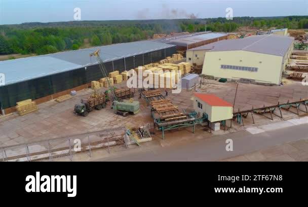 Automated log sorting at a sawmill, aerial view. Crane unloads logs to ...