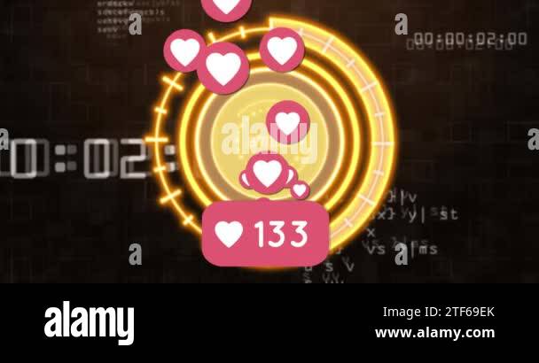 Animation of social media icons with growing number and scope scanning over data processing ...