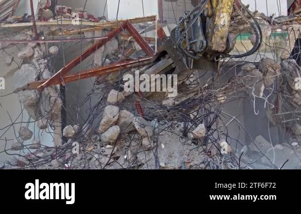 Building Demolition Moment with Column Breaker Excavator Footage Stock ...