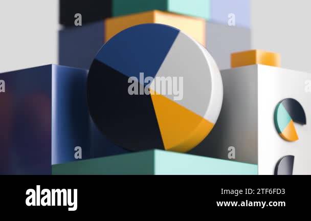Close-up of black, white, yellow and blue pie chart rotating. Conceptual loop representation of ...