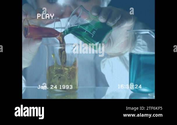 Animation of screen with glitch over hand of lab worker pouring reagent ...