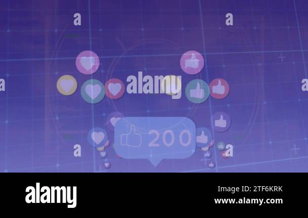 Animation of social media icons and growing number over blue background ...