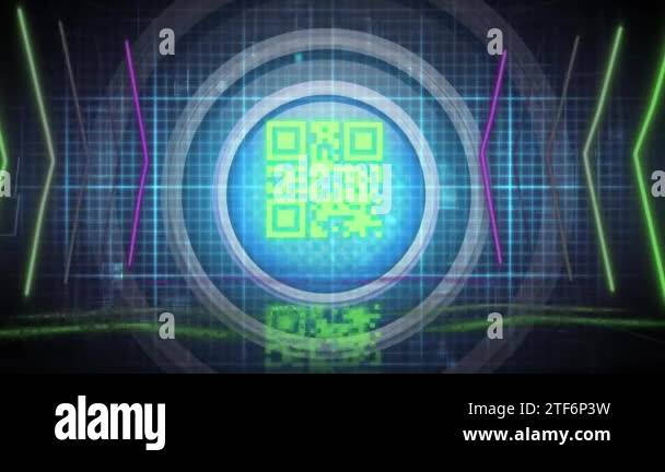 Animation of neon lines, heart rate and qr code on black and blue background. colour, movement ...