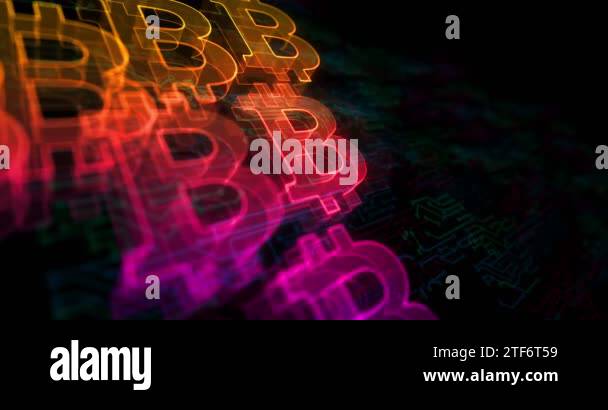 Bitcoin blockchain crypto currency and digital money hologram symbol appears on a electronic ...