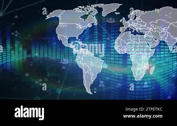 Animation of world map, connecting dots against blue abstract patterned ...