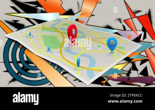 Animation of map with position marks over diverse geometrical shapes ...