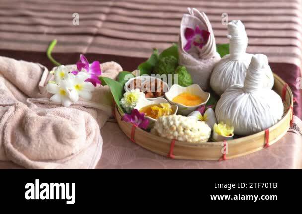 Spa massage wellness decorations setting on wood table. Thai spa ...