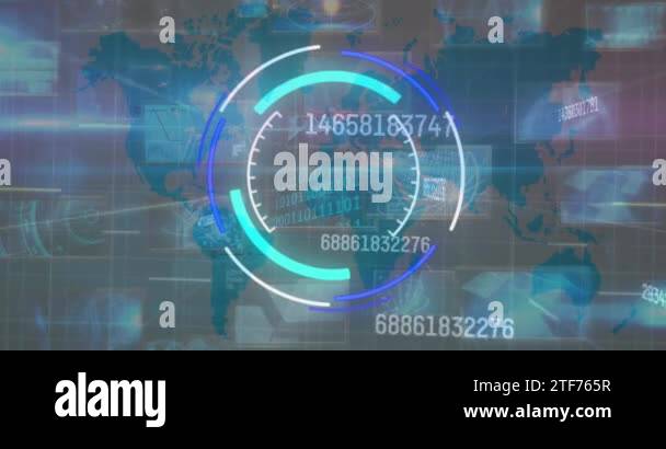 Animation of processing circle and changing numbers over diverse data and world map. global ...