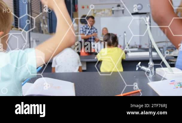 Animation of chemical icons over diverse schoolchildren raising hands ...