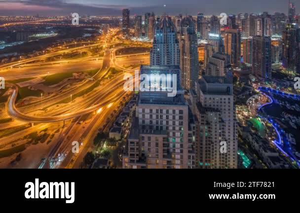 Dubai marina and JLT illuminated skyscrapers along Sheikh Zayed Road ...