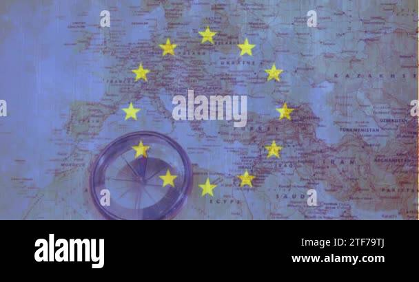 Animation of european union flag over map of europe and compass ...