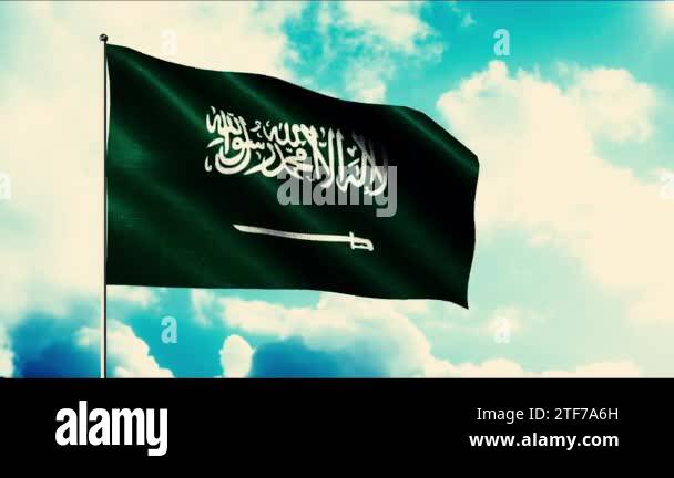 Saudi Arabia flag waving in the wind on a flagpole, seamless loop ...
