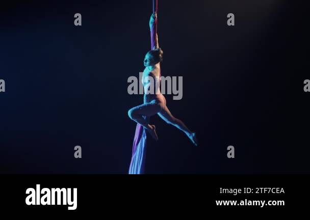 A talented female circus performer balances on airy silk. Young woman ...