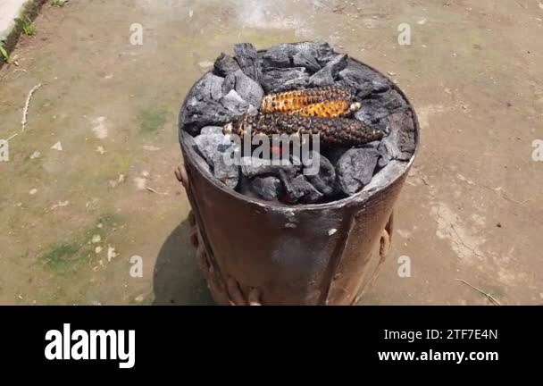 Grilled corn cobs on coal stove.Fresh roasted corncobs on coal fire ...