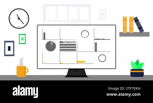 Office computer with modern Infographics on screen. Office, modern data ...