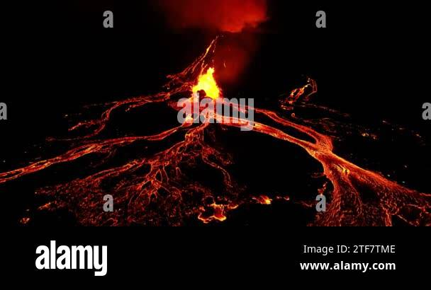 Close look on fagradalsfjall volcano erupting forming ash clouds and ...