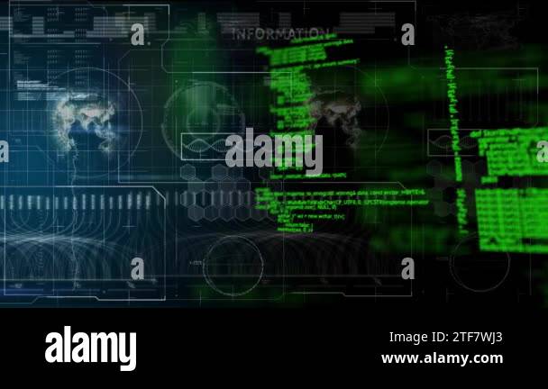 Animation of interface with scanner, world map and green processing ...