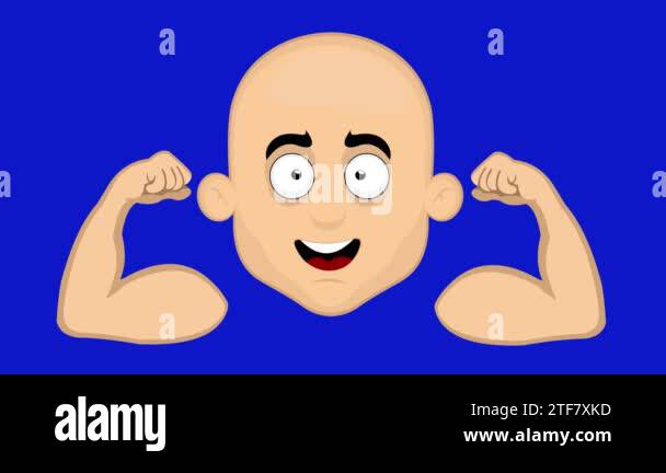 Loop animation of the face of a cartoon bald man flexing his arms and ...