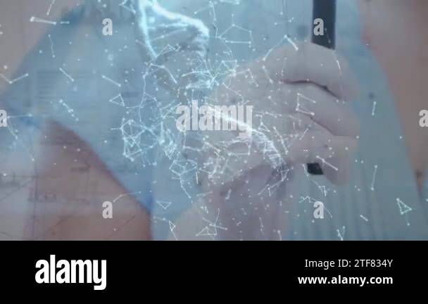 Animation of spinning dna string and network of connections over woman. global connections, data ...