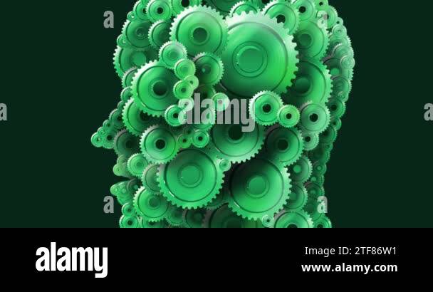 Animation of multiple green cogs forming human head on green background ...