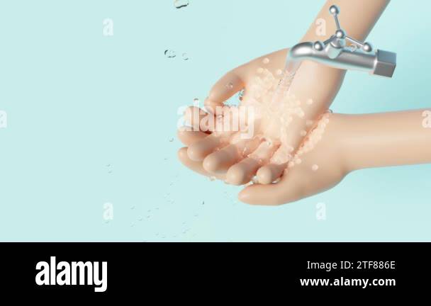 3d washing two hands under the water tap isolated on blue background ...