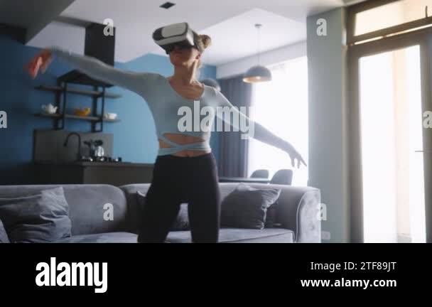 Futuristic girl dancing contemporary in VR headset on social media ...