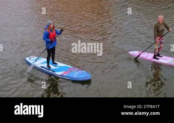 Gdansk Poland March 2022 Group of sup surfers stand up paddle board, women stand up paddling ...