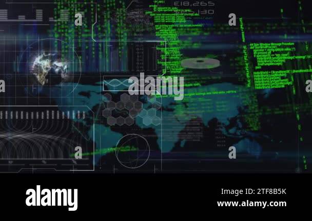 Animation of interface with scanner, world map and green processing ...