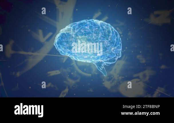 Animation of brain rotating over blue background. human biology, anatomy, science and technology ...